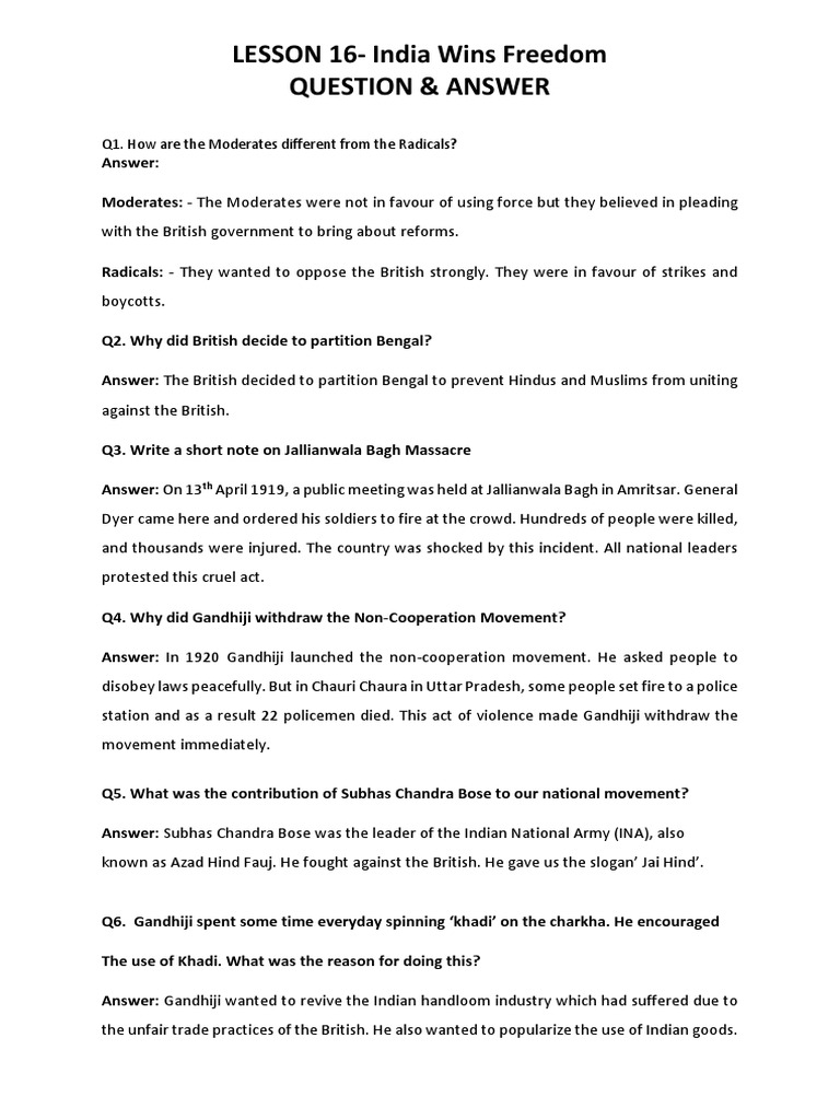 LESSON 16-India Wins Freedom Question & Answer: Q1. How Are The ...