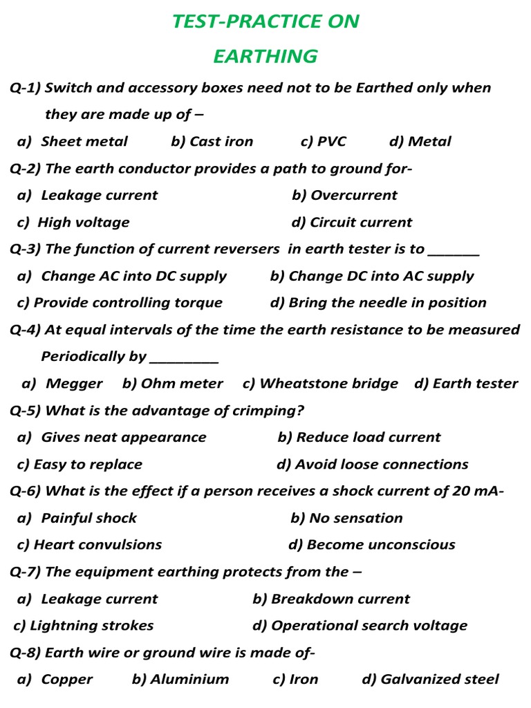 Test-Practice On Earthing | PDF | Electrical Resistance And Conductance ...