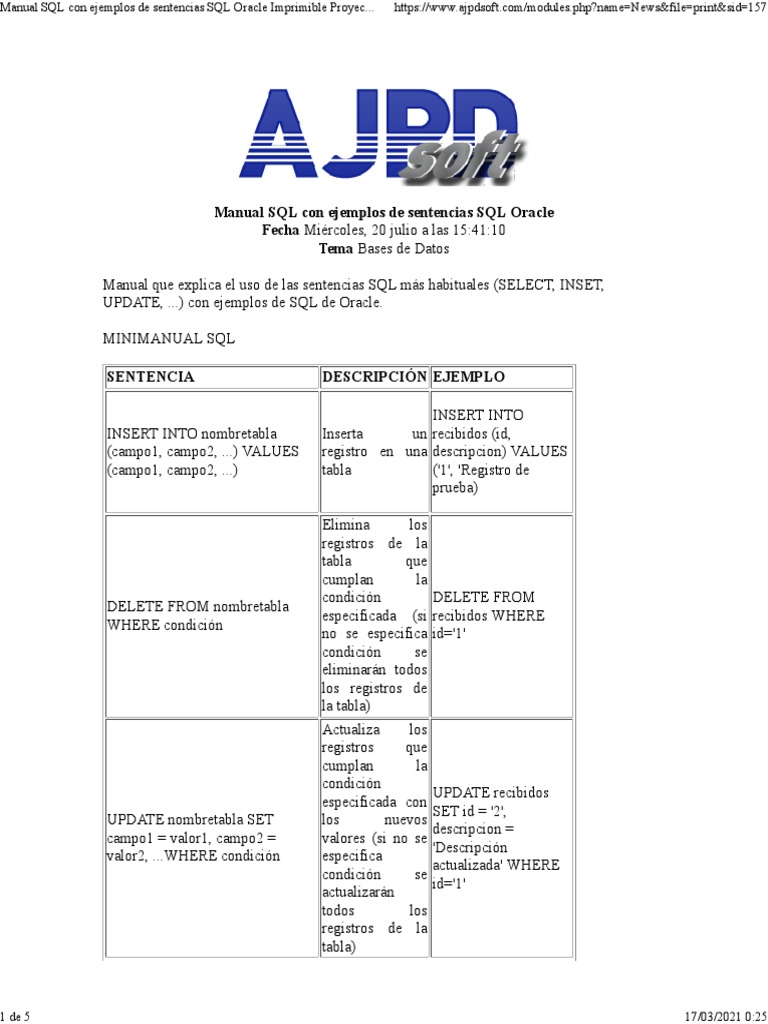 Manual SQL Con Ejemplos de Sentencias SQL Oracle | PDF | SQL | Gestión ...