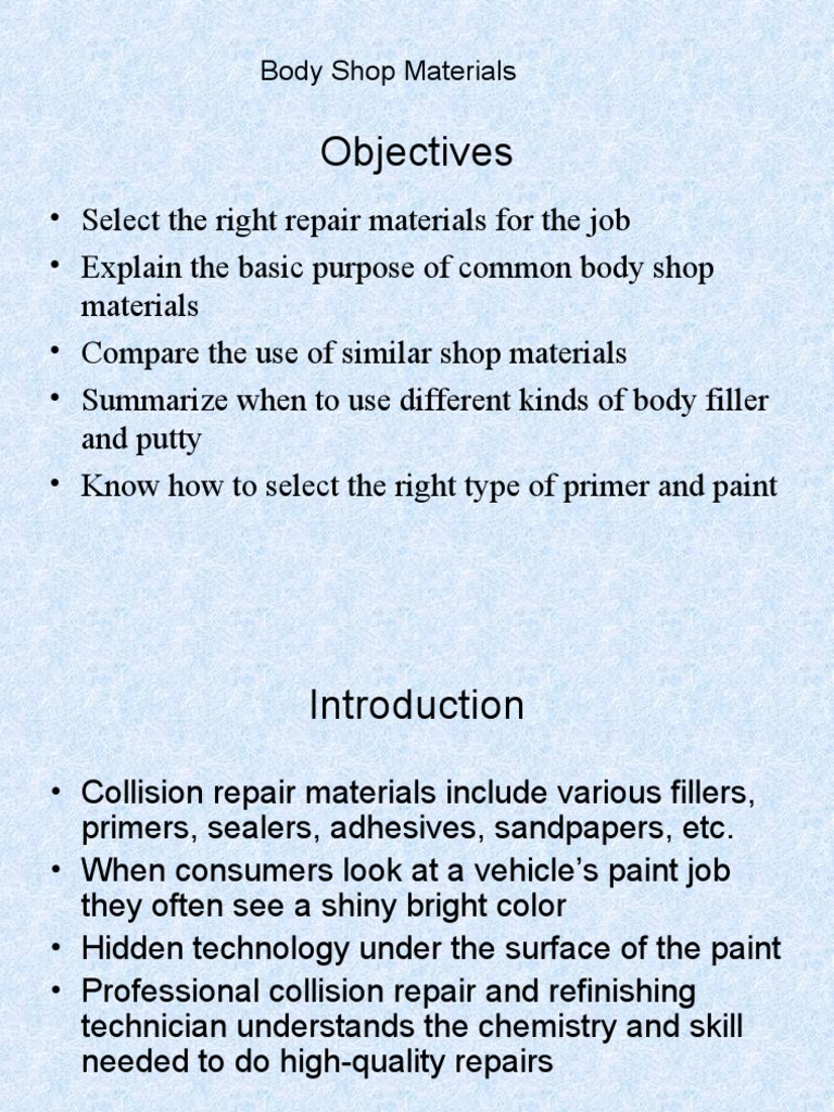 Objectives: Body Shop Materials | PDF