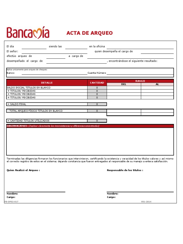FB-PSF-005 Acta Arqueo Titulos - 01-2019.ods 2020 | PDF | Bancario | Servicios financieros