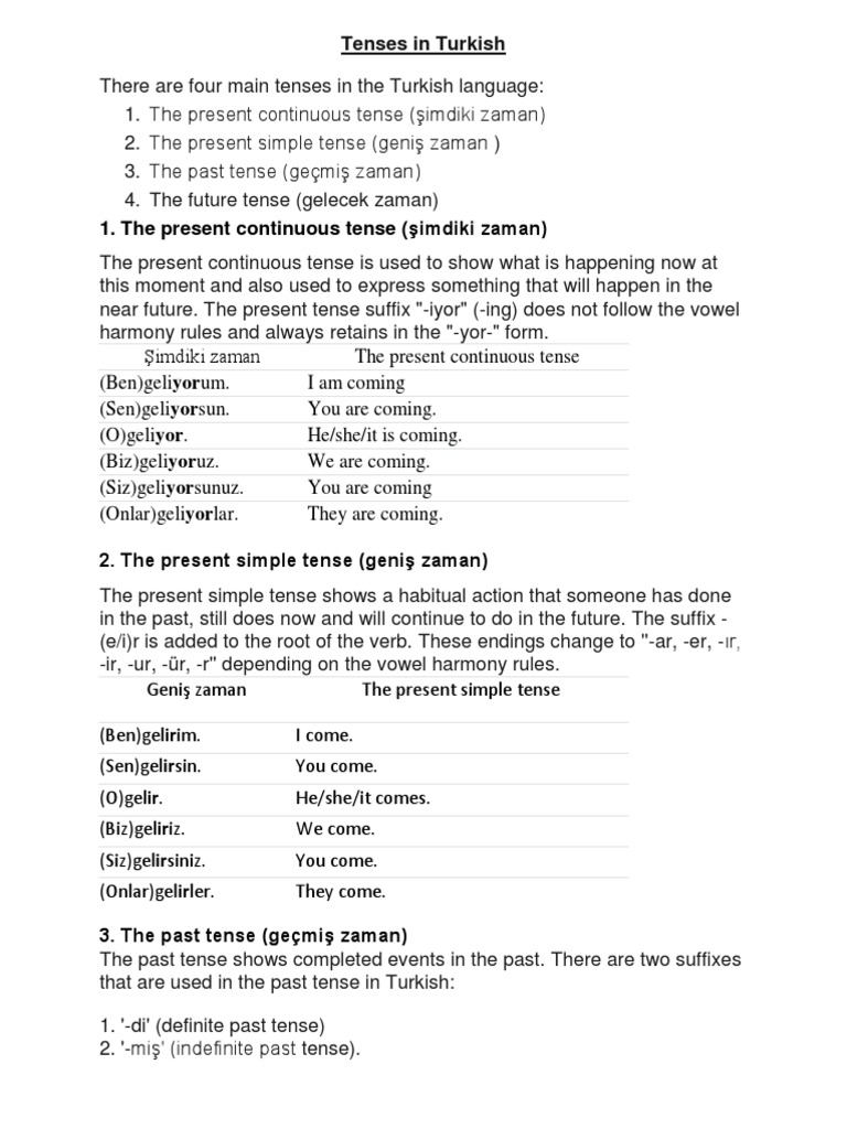 The Present Continuous Tense (Şimdiki Zaman) : Tenses in Turkish | PDF ...