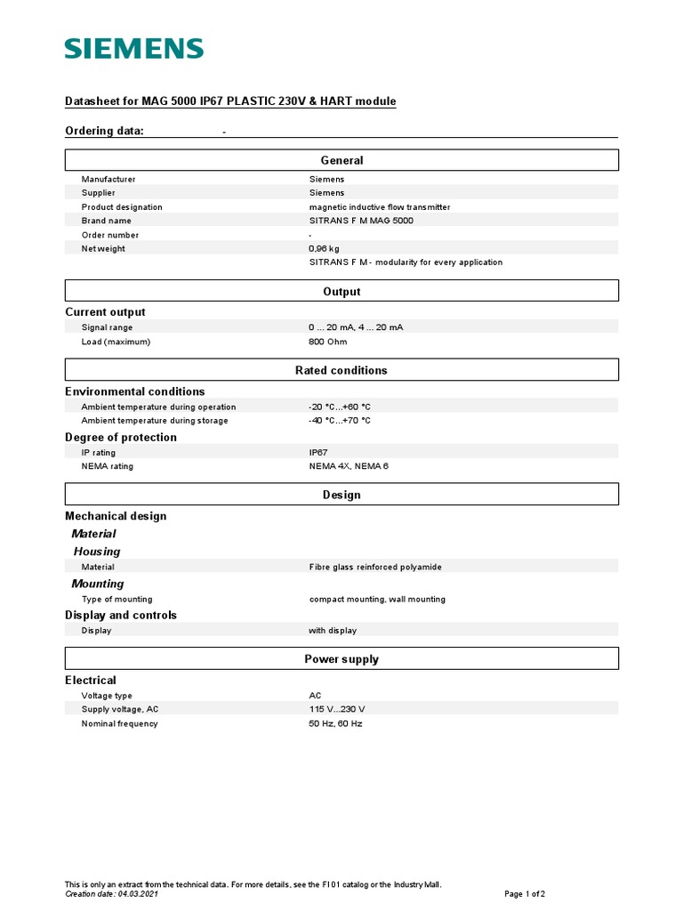 Datasheet For MAG 5000 IP67 PLASTIC 230V & HART Module Ordering Data ...