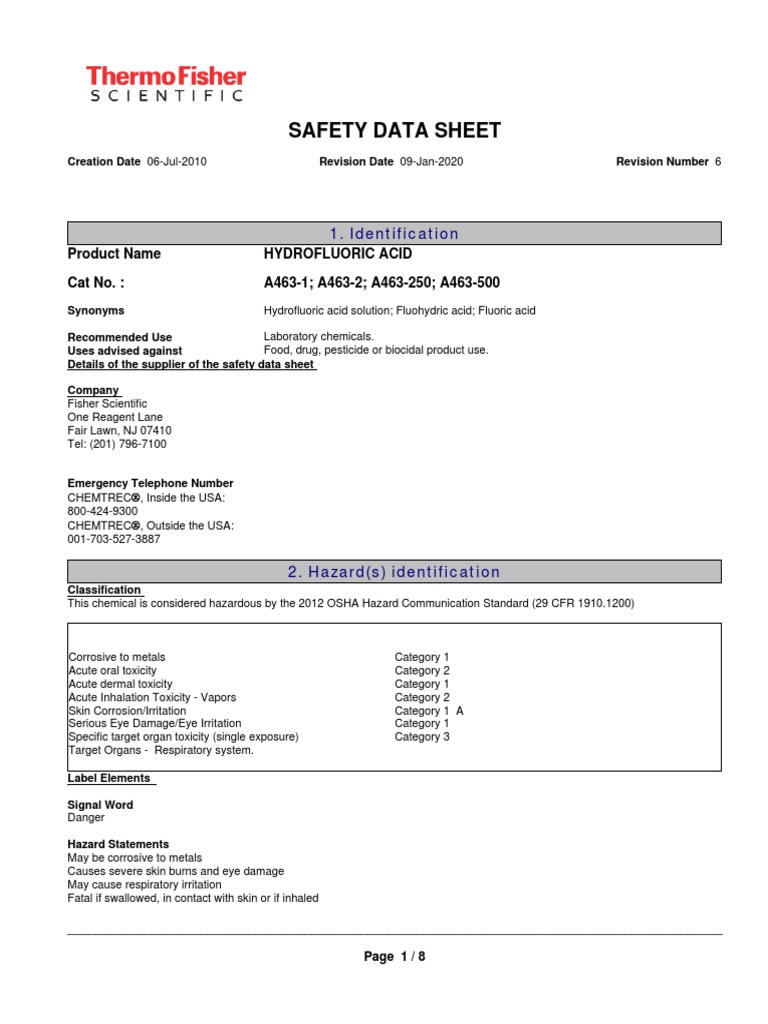 Hydrofluoric Acid Safety Data Sheet | PDF | Toxicity | Dangerous Goods