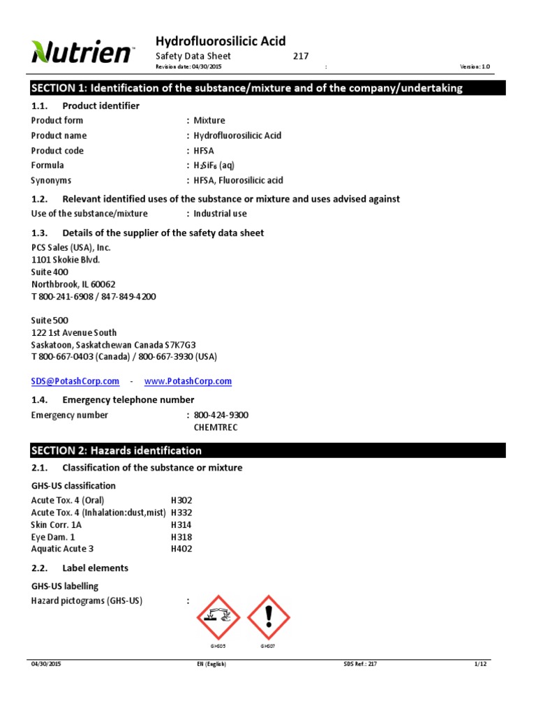 SDS 217 Hydrofluorosilicic Acid NA Final 04302015 (Nutrien) | PDF ...