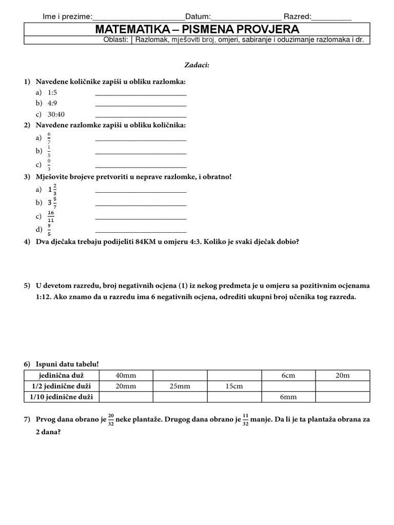 Matematika - Provjera Znanja Za 6. Razred Devetogodišnje Osnovne Škole ...