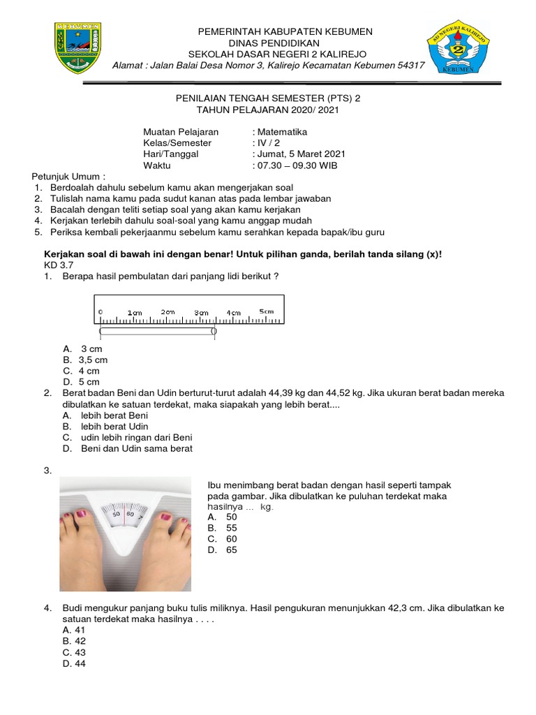 Soal PTS Matematika Kelas 4 SD 2021 | PDF