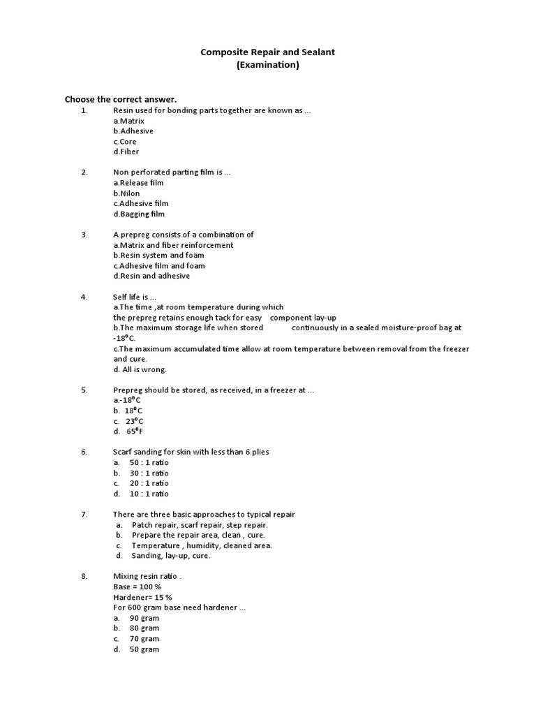 Composite Repair and Sealant (Examination) : Choose The Correct Answer ...
