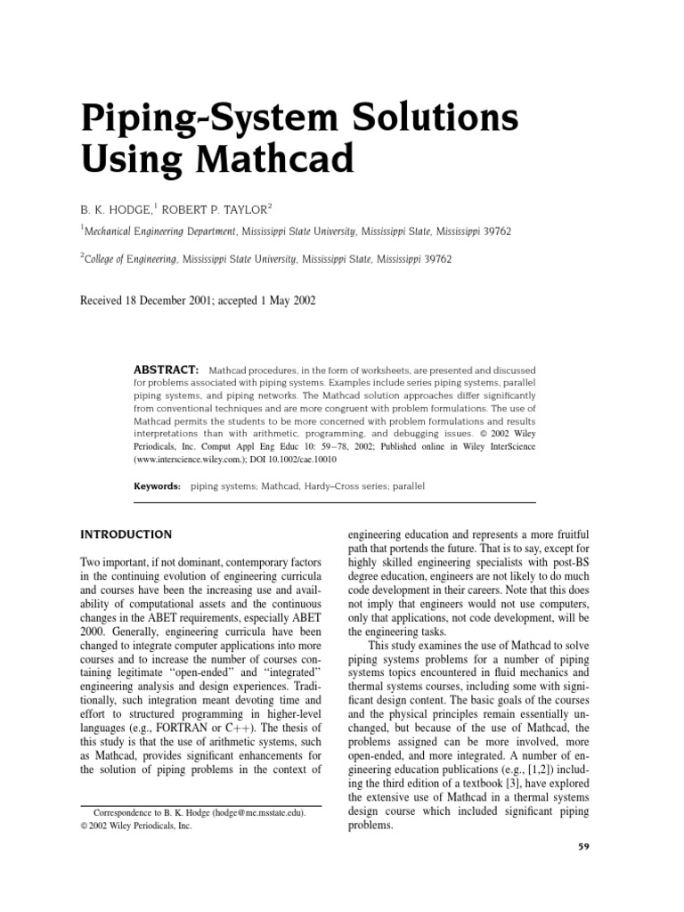 Piping Solutions Mathcad | PDF | Variable (Mathematics) | Equations