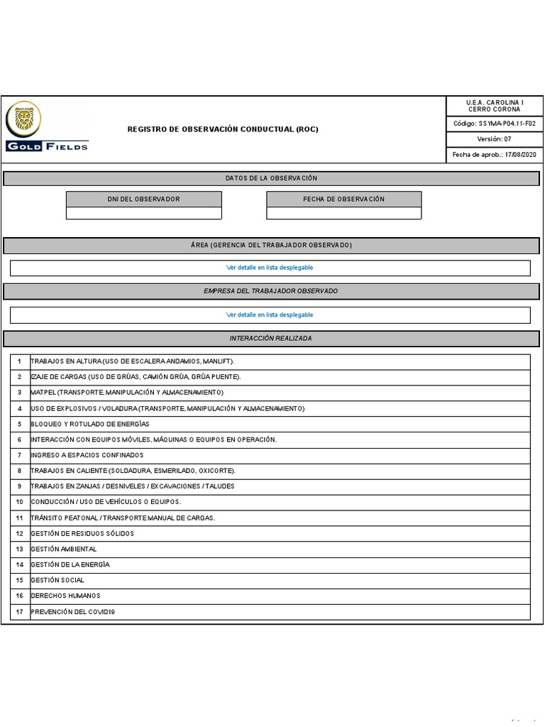 SSYMA-P04.11-F02 Registro de Observación Conductual (ROC) V7 | PDF | Acoso sexual | Residuos