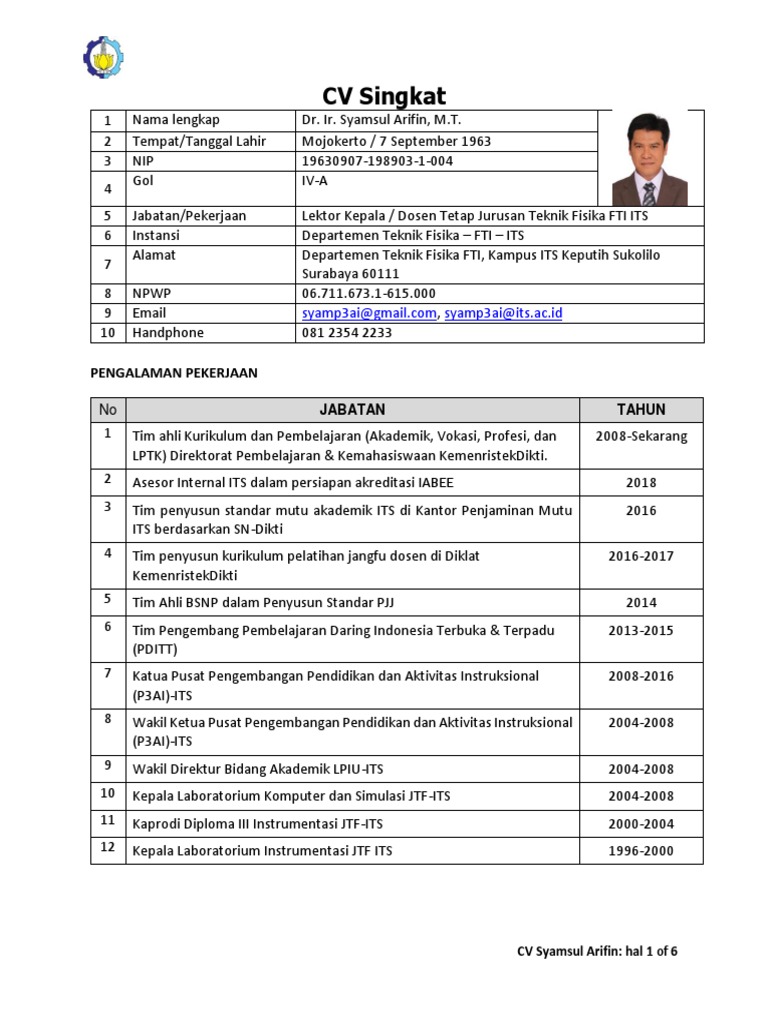 CV Singkat Syamsul Arifin9!3!2019N | PDF