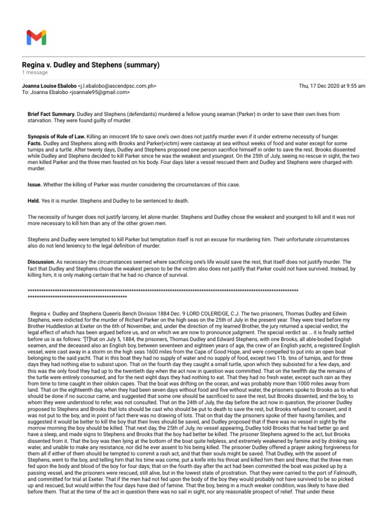 Gmail - Regina v. Dudley and Stephens (Summary) | PDF | Murder | Verdict