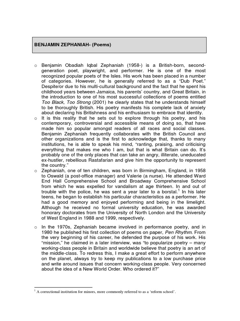 Benjamin Zephaniah - (Poems) : Too Black, Too Strong (2001) He Clearly ...