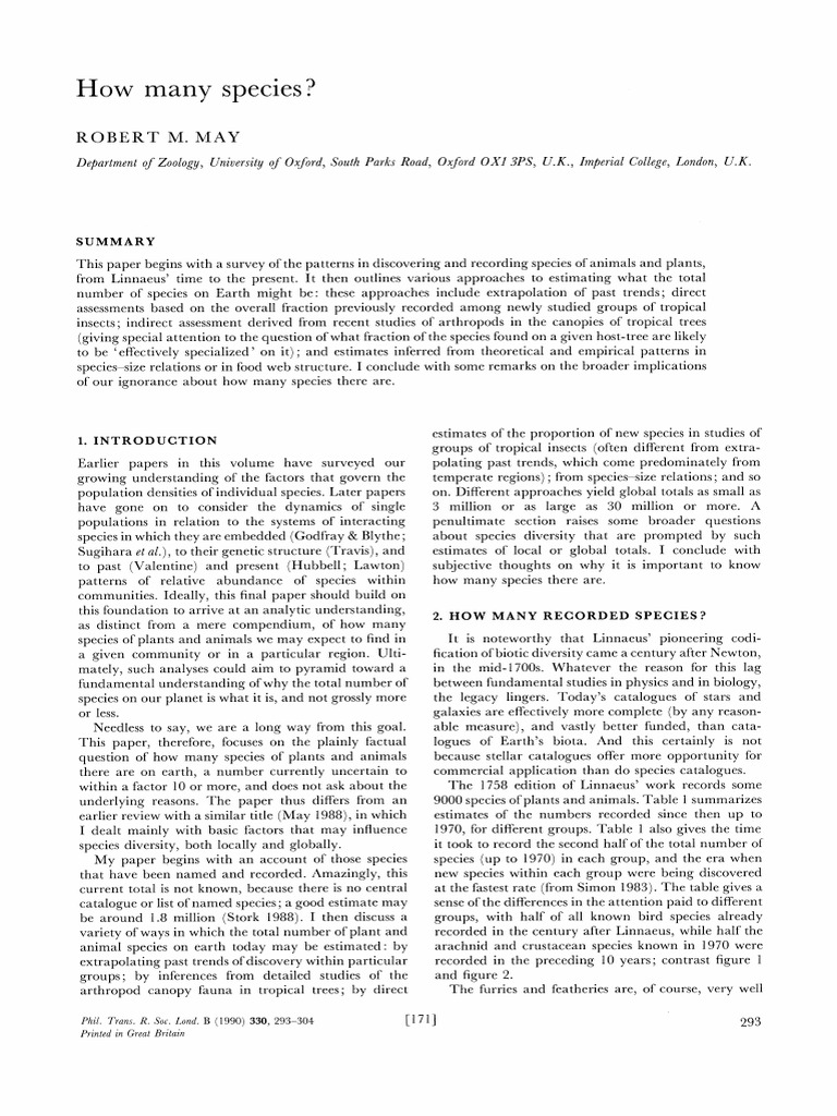 Estimating Earth's Biodiversity: A Review of Methods to Calculate the ...