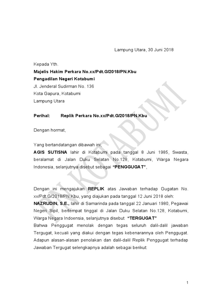 Contoh Replik Penggugat | PDF