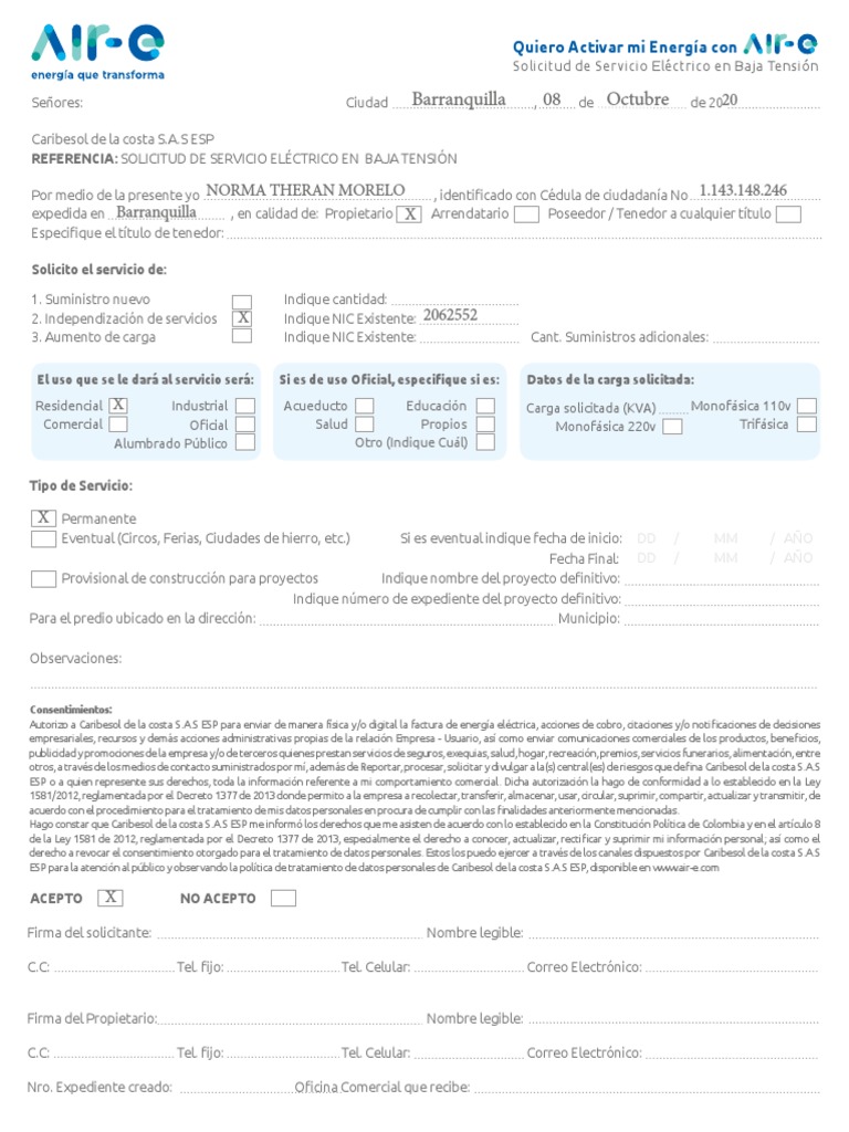 Formulario Air-E - Solicitud Servicio Energia | PDF | Diseño | Energía ...