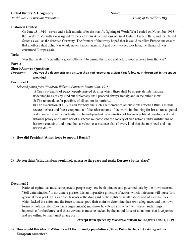 Part A Short-Answer Questions: World War 1 & Russian Revolution Treaty ...