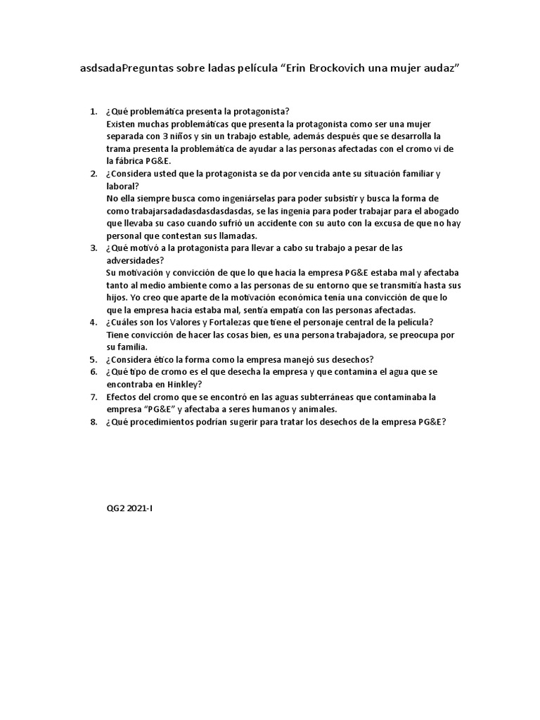 Preguntas Sobre La Película Erin Brockovich Una Mujer Audaz | PDF