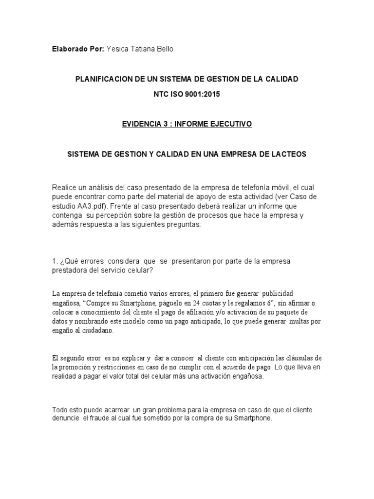 Estudio de Caso Aaa3 Planificacion de Un SGC | PDF | Servicio al Cliente | Empresas