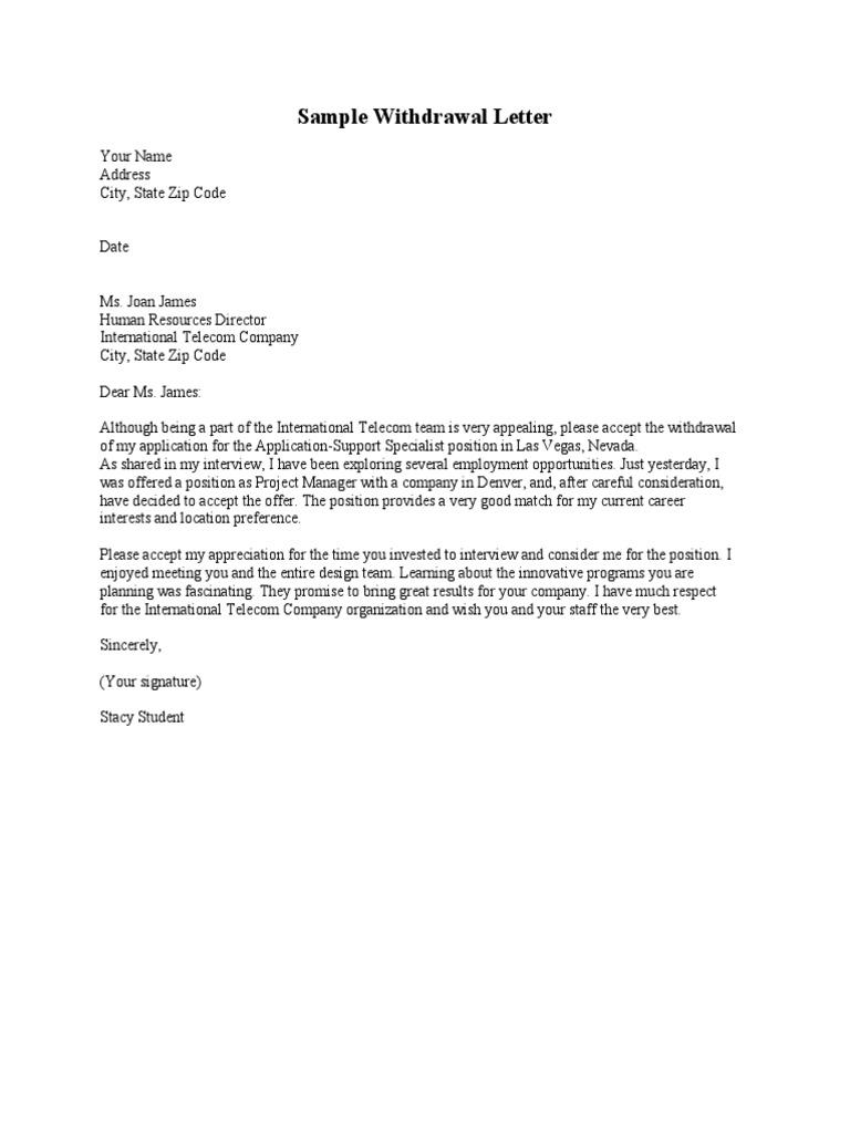 Sample Withdrawal Letter for Job Application | PDF