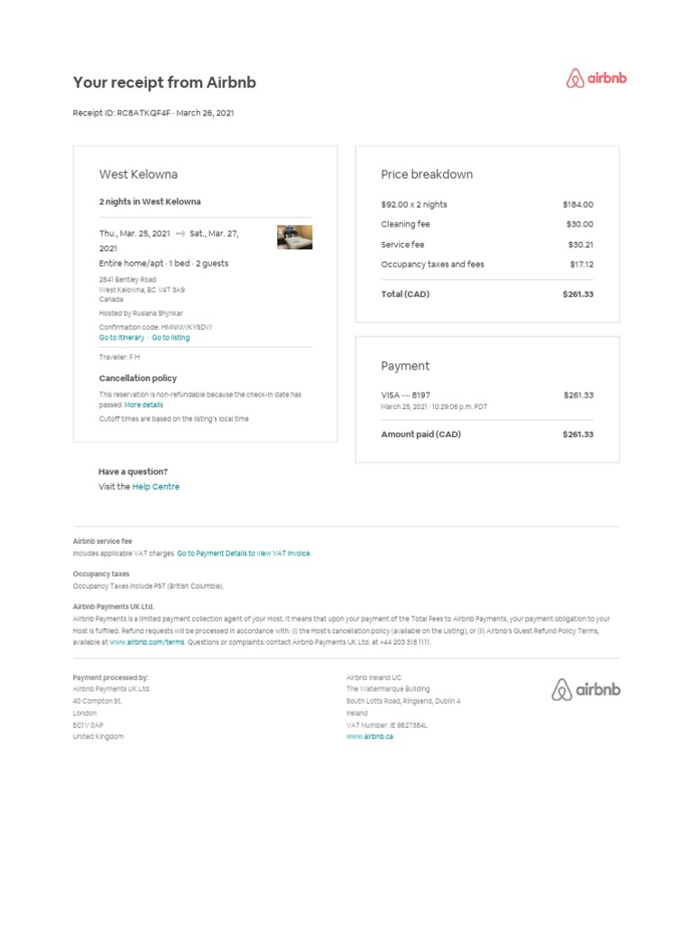 Your Receipt From Airbnb: Price Breakdown West Kelowna | PDF | Airbnb ...