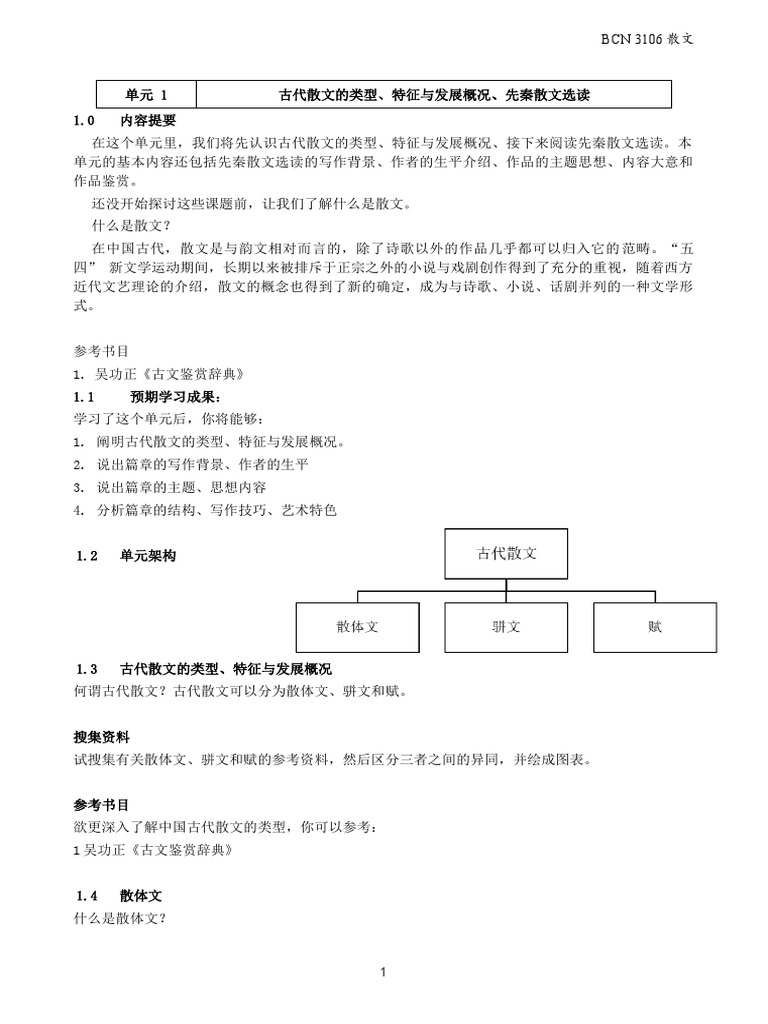 001 Bcnb3093 散文 单元一 - 二 | PDF