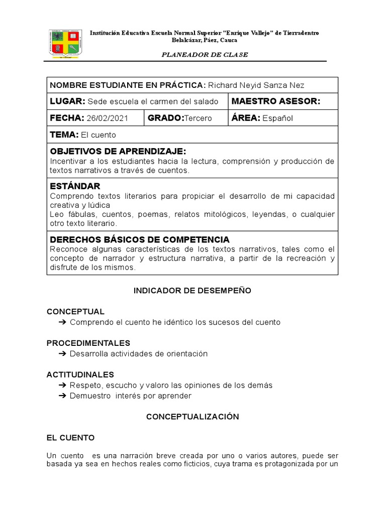 PLan de Clases Lengua Castellana Grado Tercero | PDF | Narrativa | Cuentos
