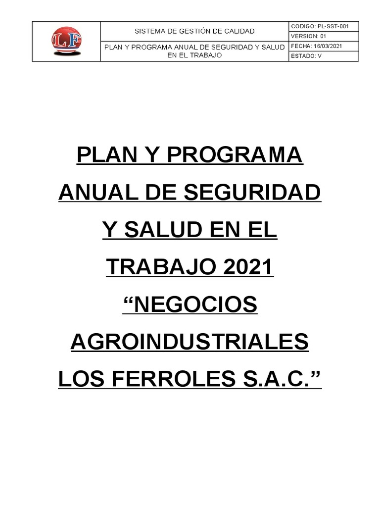 Plan y Programa Anual de Seguridad y Salud en El Trabajo Negocios Agroindustriales Los Ferroles ...