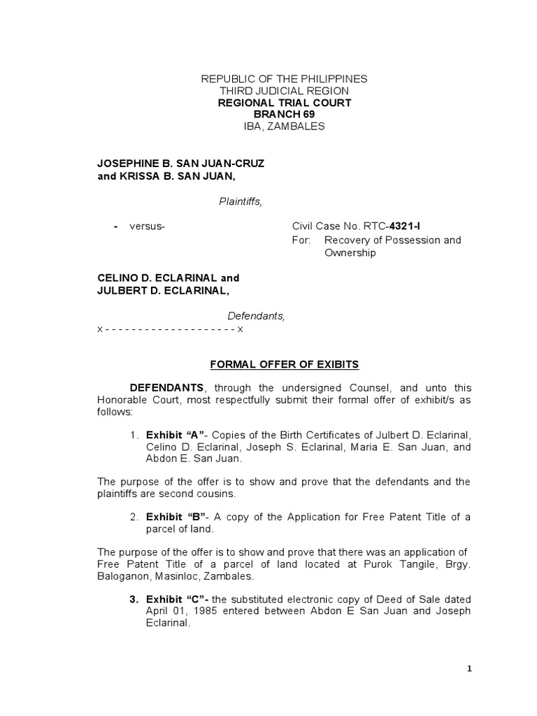 Formal Offer of Exhibits in Civil Case | PDF | Lawsuit | Judiciaries