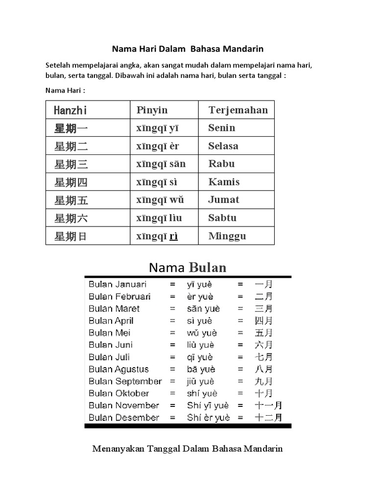 Nama Hari dan Bulan dalam Mandarin | PDF
