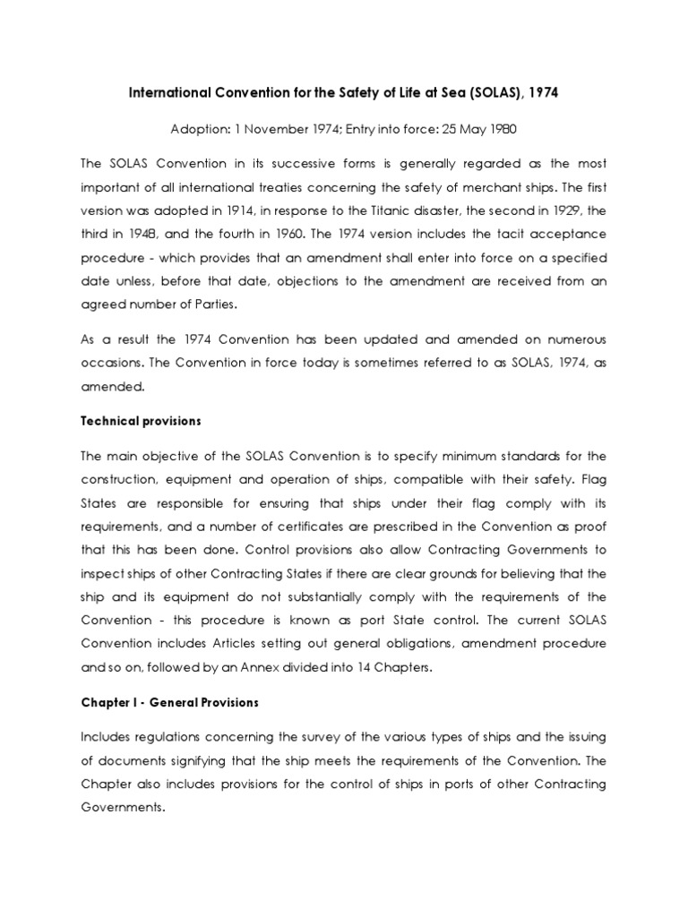 International Convention For The Safety of Life at Sea SOLAS 1974 | PDF ...