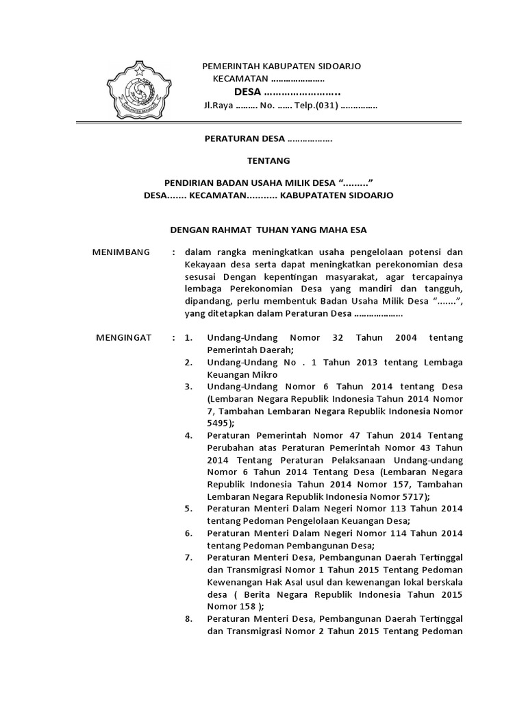 Contoh Perdes, SK, AD ART Bumdes Sidoarjo | PDF