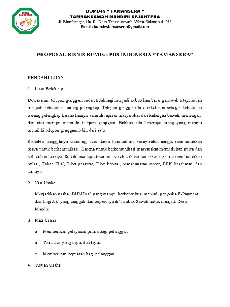 Proposal Bisnis BUMDes Tamansara | PDF | Bisnis