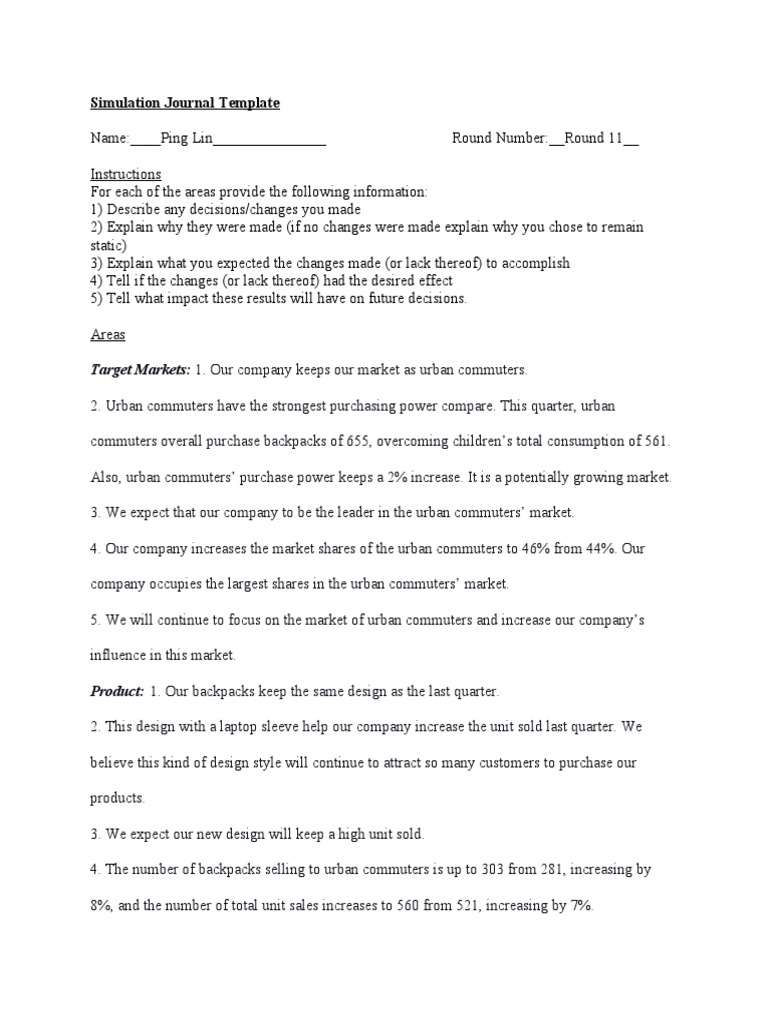 Simulation Journal Template: Target Markets: 1. Our Company Keeps Our ...