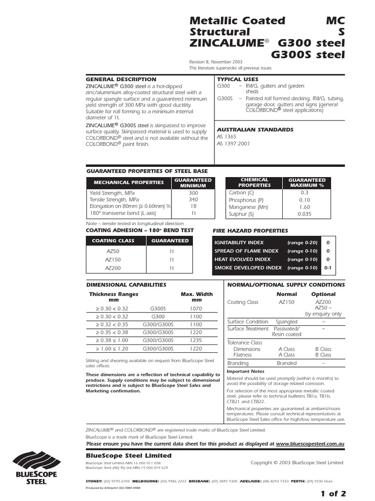 Metallic Coated MC Structural S Zincalume G300 Steel G300S Steel | PDF ...