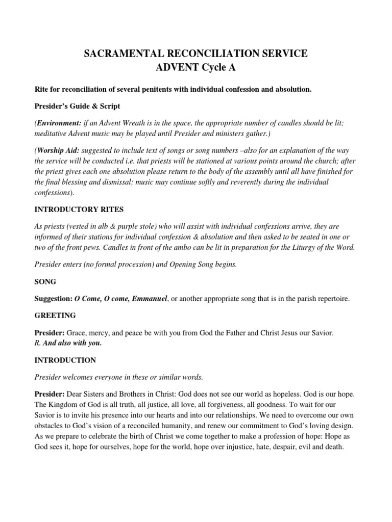 Sacramental Reconciliation Service Advent Cycle A | PDF | Confession ...