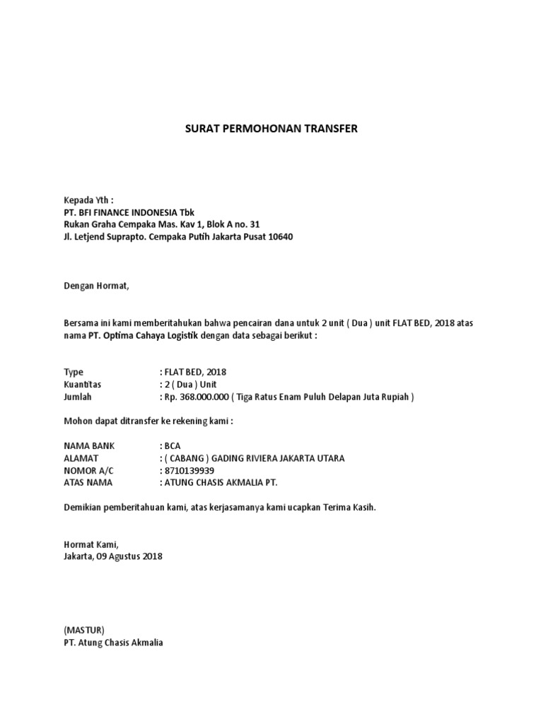 Surat Permohonan Transfer Karoseri | PDF