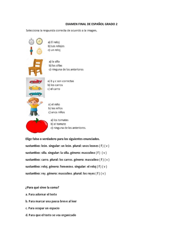 Examen Final de Español Grado 2 | PDF