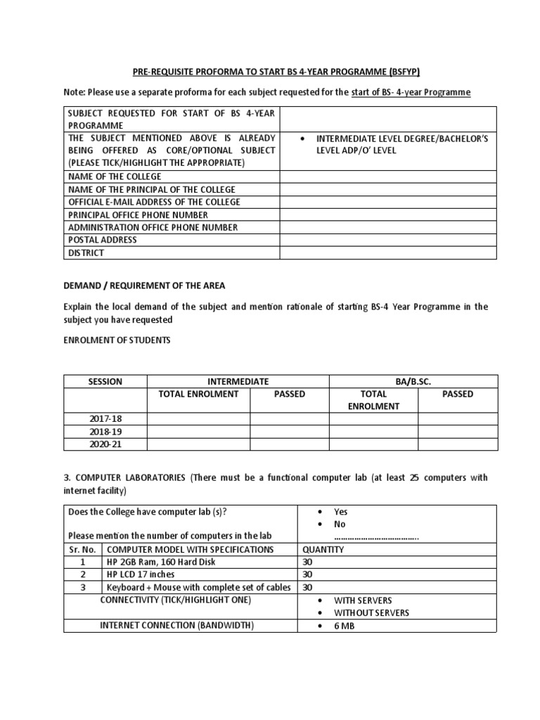 Pre-Requisite Proforma To Start Bs 4-Year Programme (Bsfyp) | PDF ...