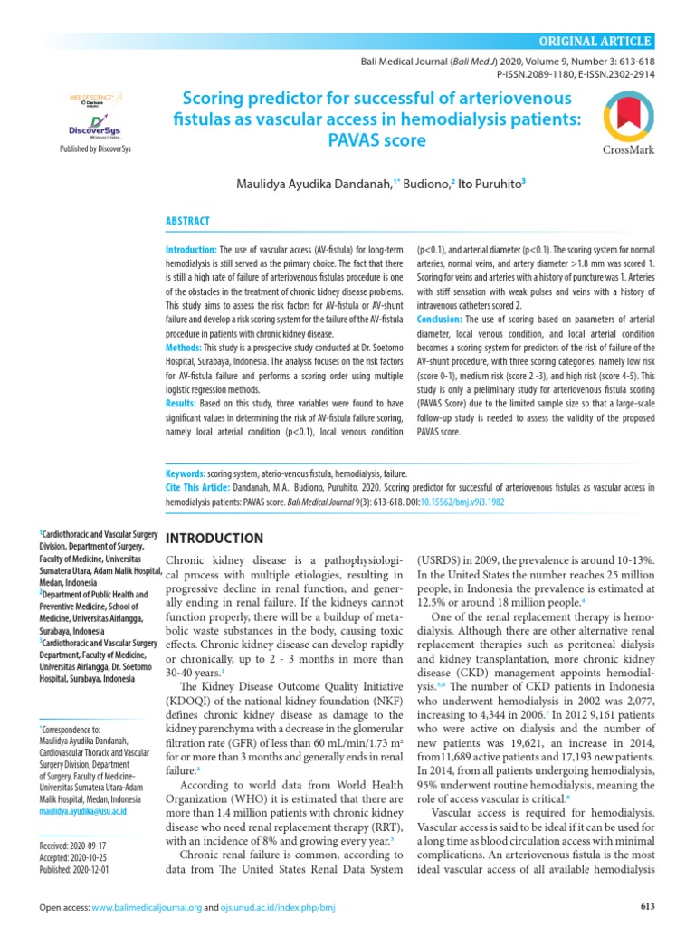 Scoring Predictor For Successful of Arteriovenous Fistulas As Vascular ...