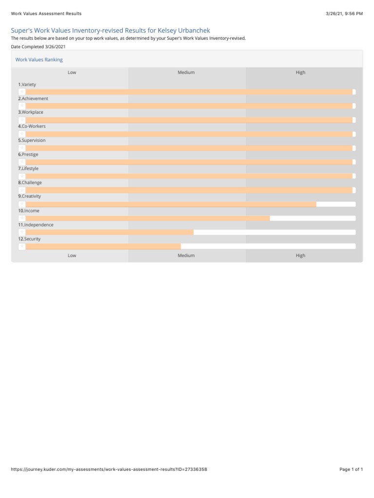 Work Values Assessment Results | PDF | Career & Growth | Business