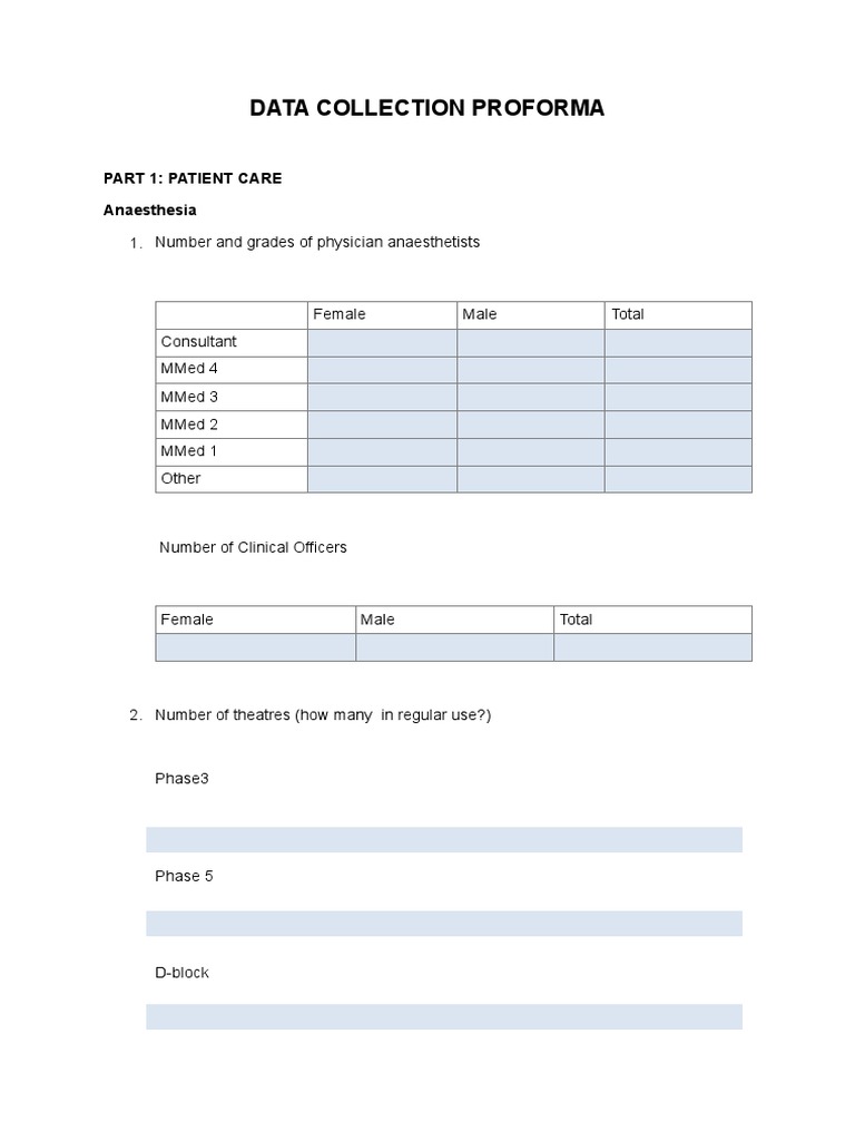 Data Collection Proforma: Part 1: Patient Care Anaesthesia | PDF ...