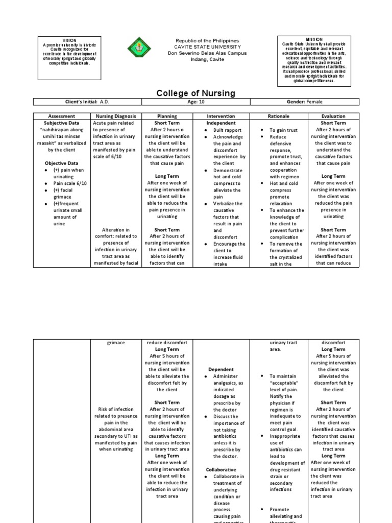 School Age NCP | PDF | Urinary Tract Infection | Pain