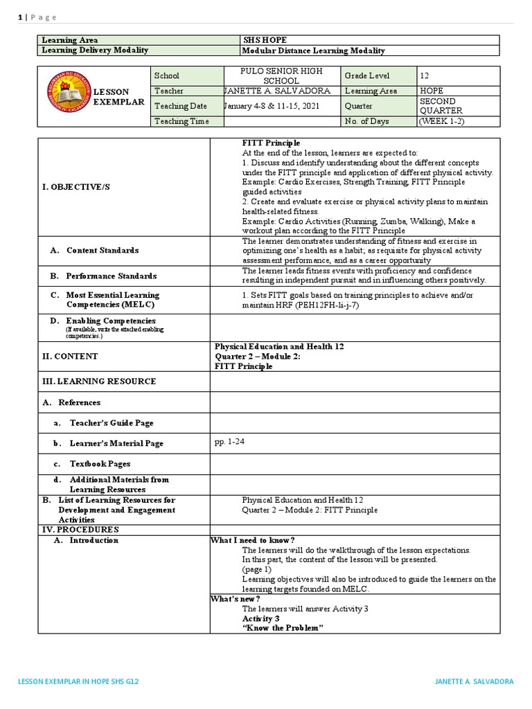 Pe and Health 12 - Lesson Exemplar Week 1-2 | Download Free PDF ...
