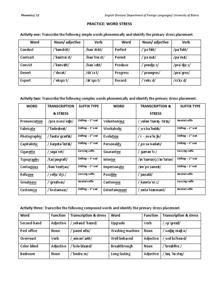 Word - Stress - Practice (Answers) | PDF | Stress (Linguistics) | Word