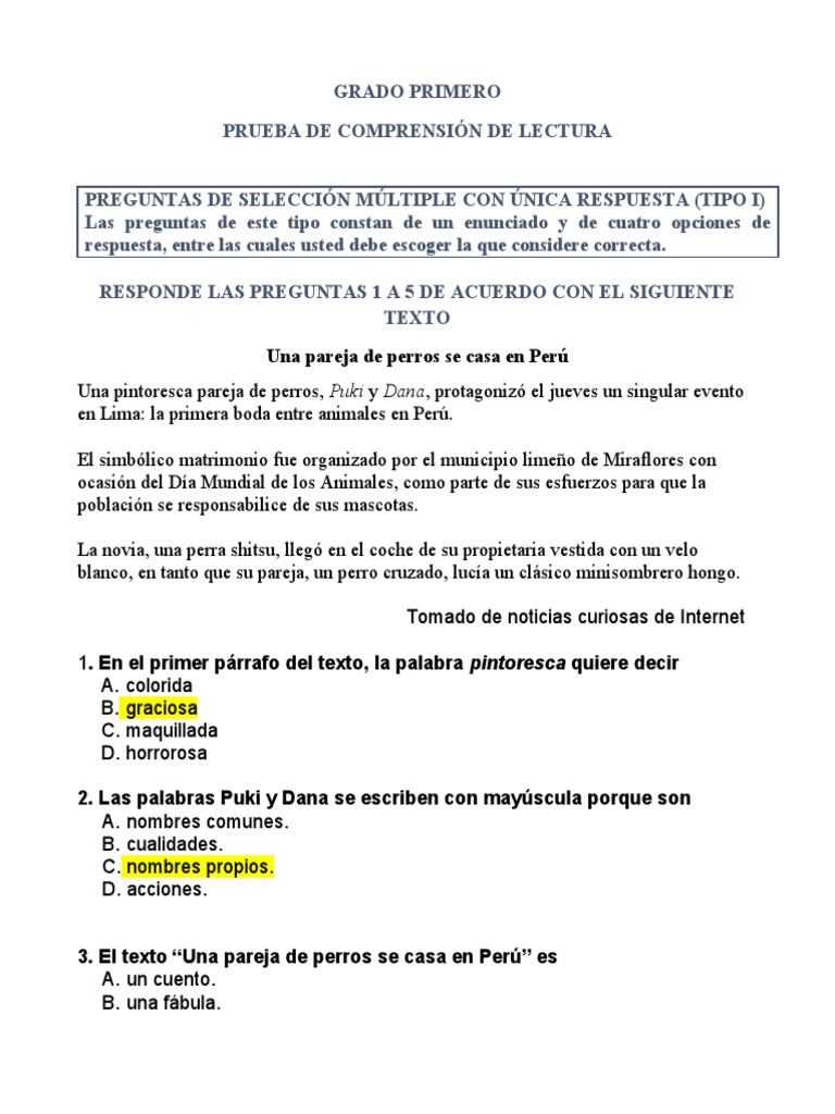 Comprensión de lectura grado 1° | PDF | Boda | Perú