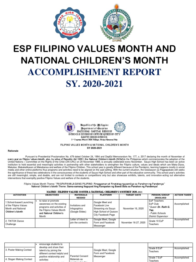 Esp Filipino Values Month and National Children'S Month: Accomplishment ...