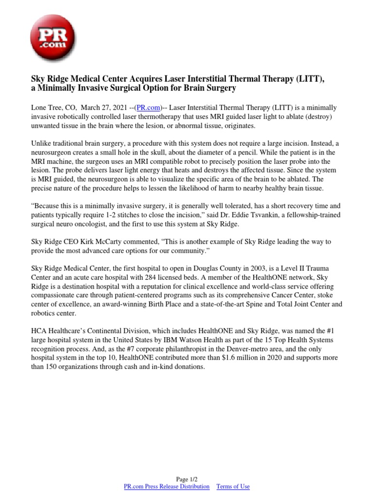 Sky Ridge Medical Center Acquires Laser Interstitial Thermal Therapy ...