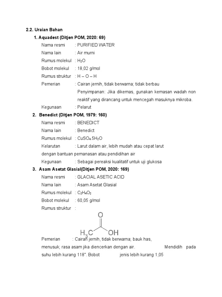 2.2. Uraian Bahan 1. Aquadest (Ditjen POM, 2020: 69) | PDF | Kesehatan Holistik