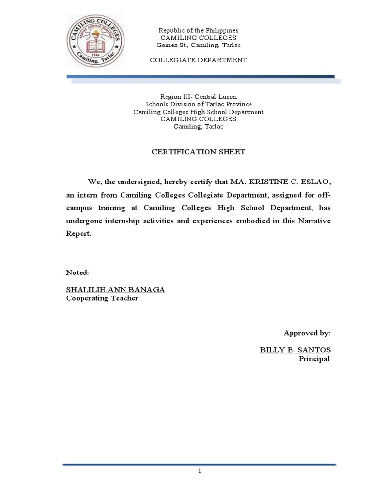 Republic of The Philippines Camiling Colleges Gomez ST., Camiling ...